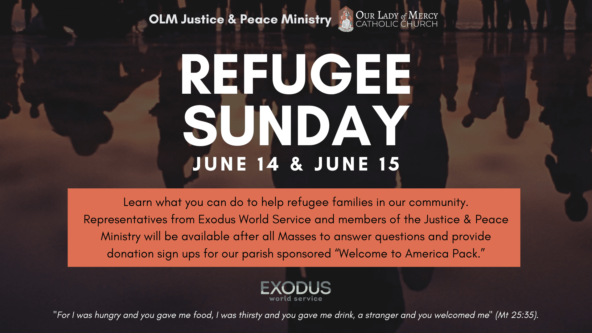Refugee Sunday with Exodus World Services 6/14 & 6/15 – Our Lady of Mercy